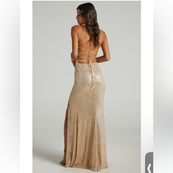 Showpo. | Dresses | Magic Hour Split Prom Dress In Gold Sequin | Poshmark